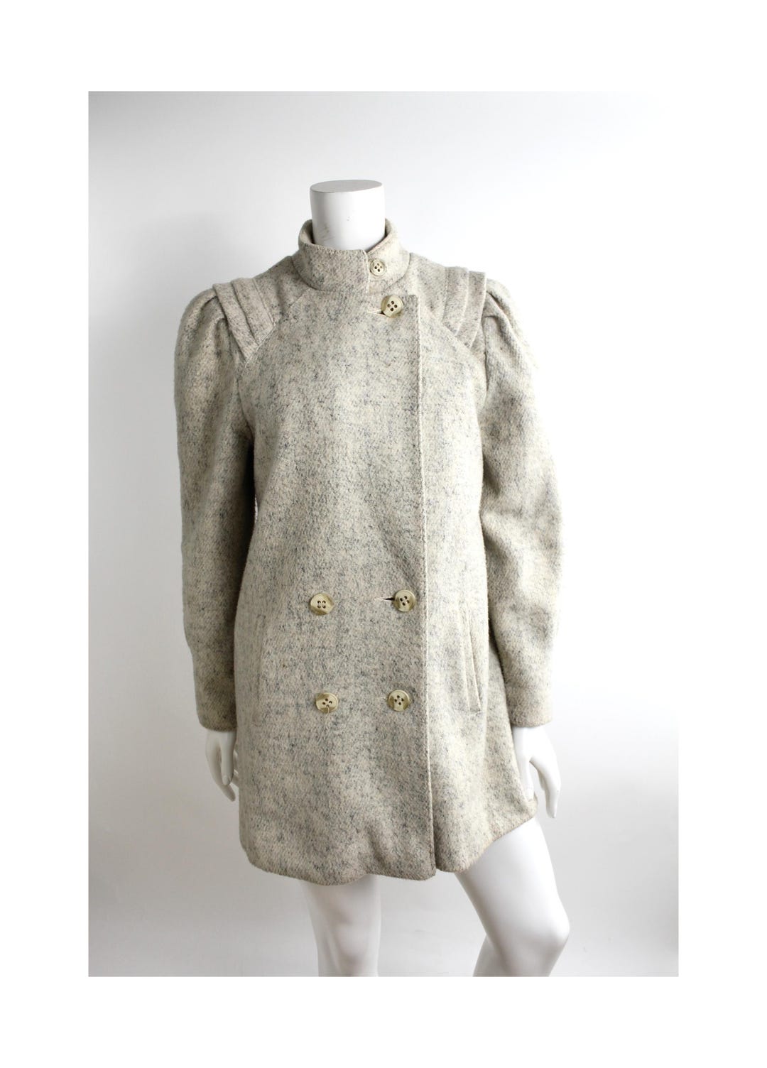 Vintage 1980s Puffed Sleeve Coat | Heather Oat Wool Banded Collar Coat ...
