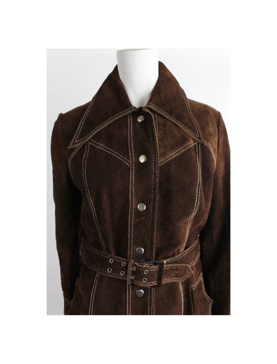 Vintage 1970s Leather Coat | Pointed Collar Suede Belted Vintage 1970s Leather Coat | Pointed Collar Suede Belted