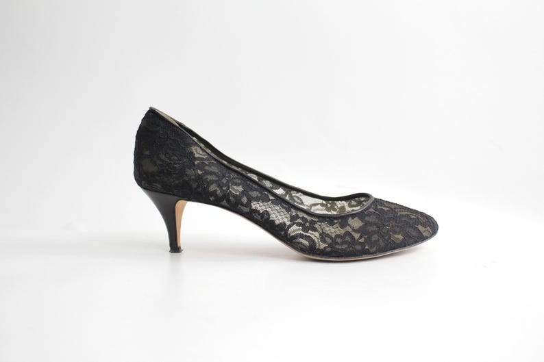 Sz 10.5 Italian Black Lace and Leather Pumps | Black Brocade Lace Pumps ...