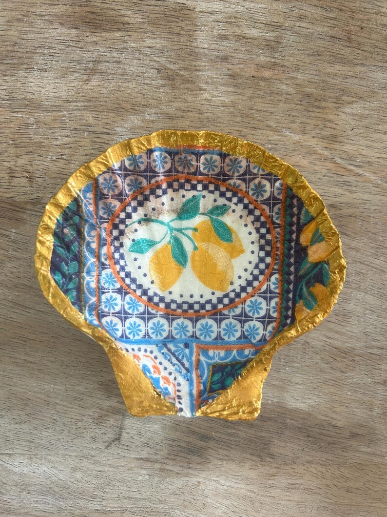 Handmade Coastal Large Scallop Seashell Jewelry Trinket Dish, Gold Trim ...