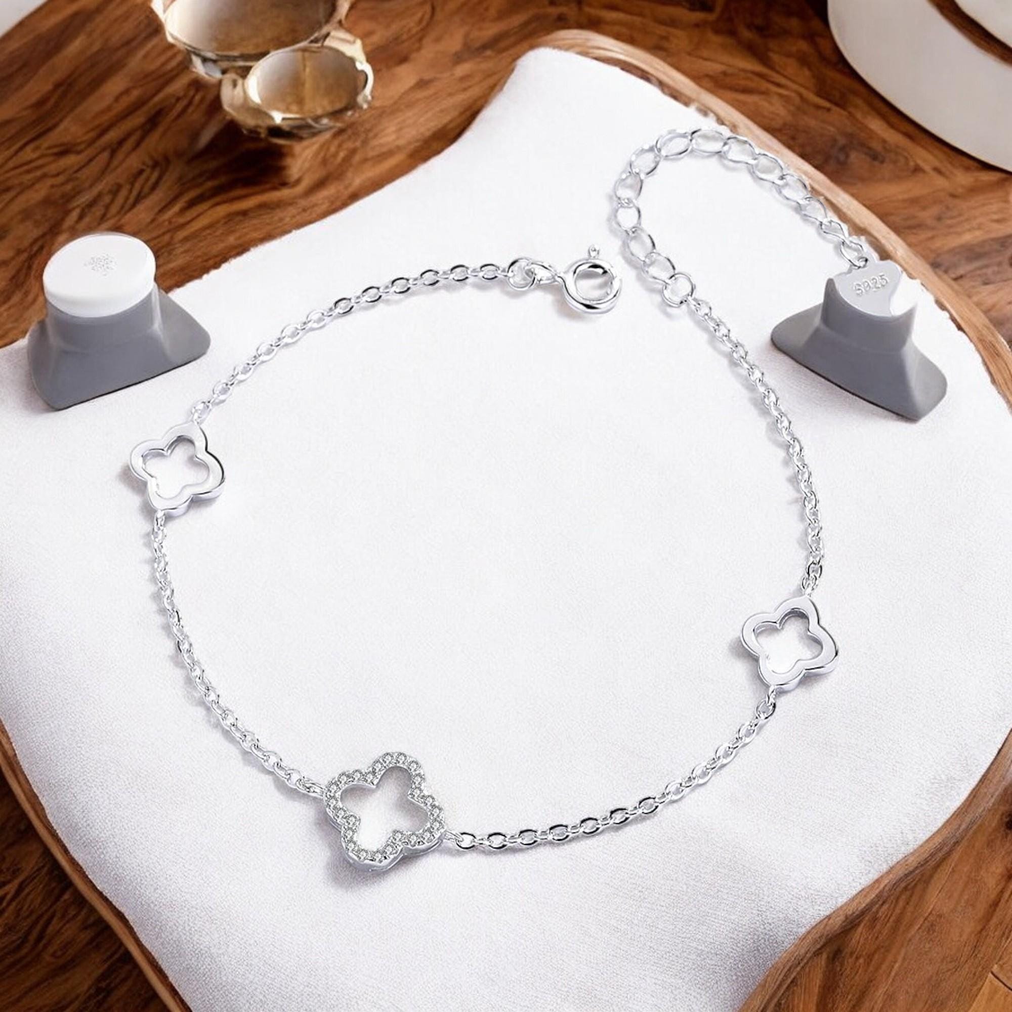 Silver Four Leaf Clover Bracelet, Van Cleef Inspired Bracelet, Good Luck Dupe Bracelet, Handmade ...