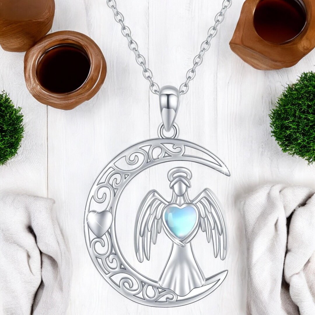 Crescent Moon Angel Pendant, Cherub on Moon Pendant, Moonstone Angel ...