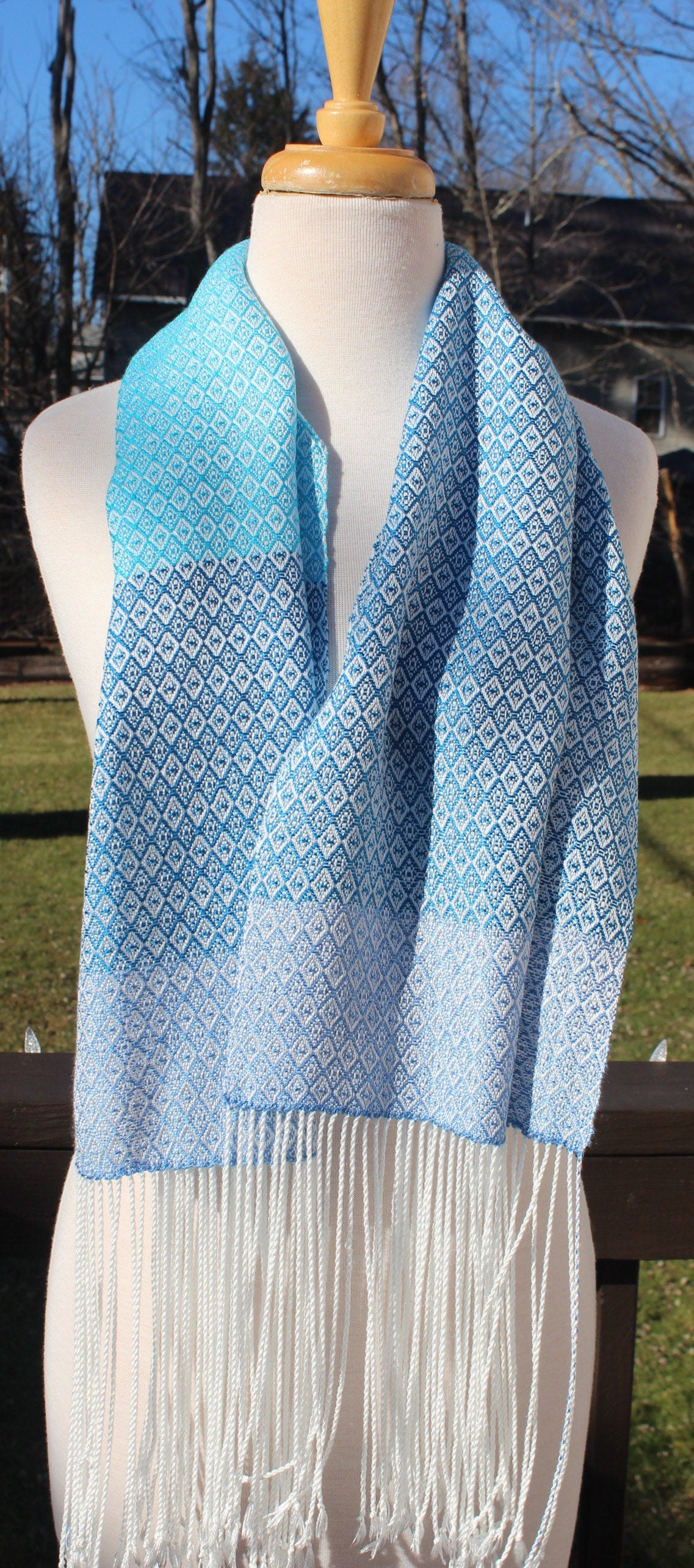 Handwoven Scarf, Scarf, Wide, Tencel, Hand Woven, White, Blue, Short - Etsy