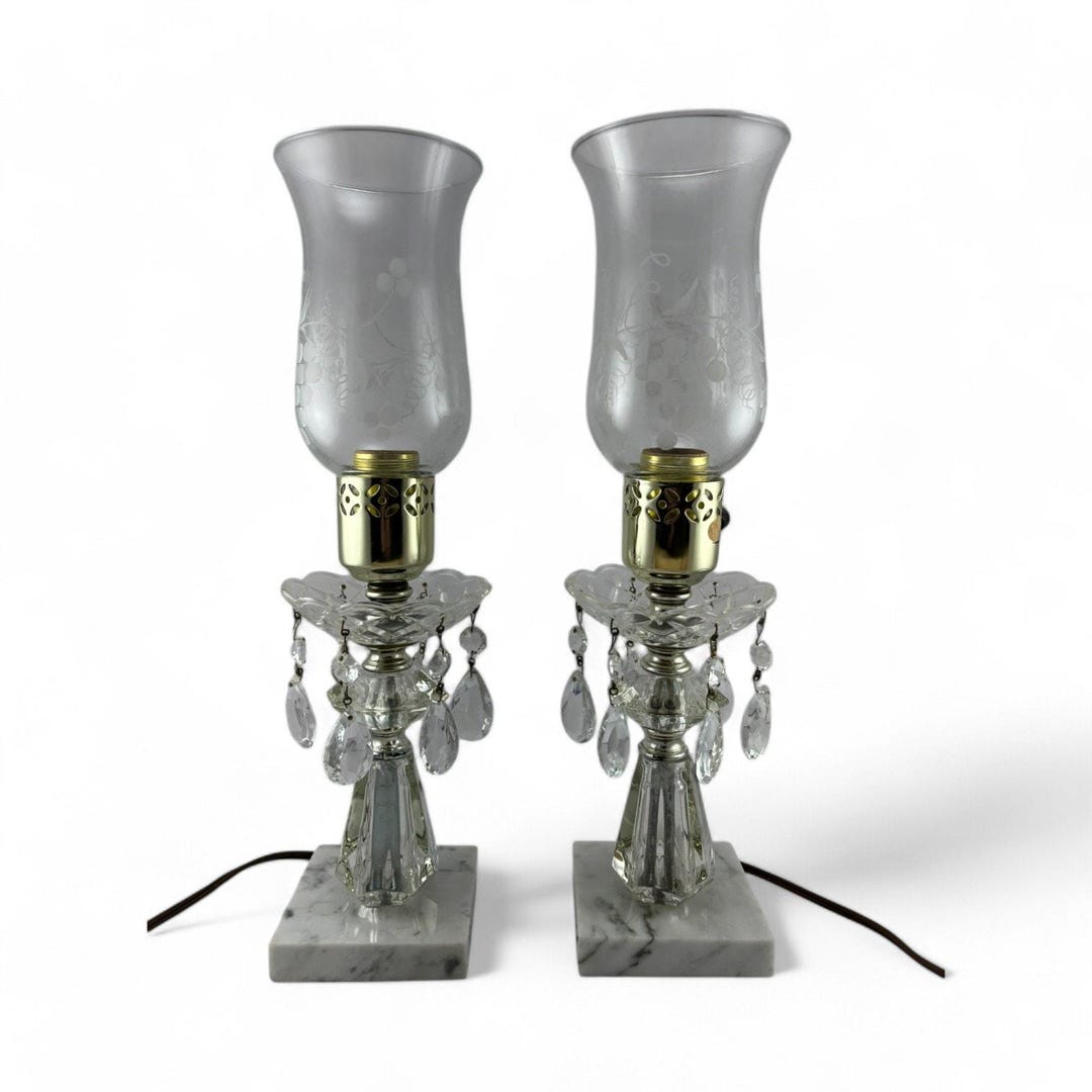 Pair of Vintage Crystal Hurricane Lamps With Marble Base and Etched ...