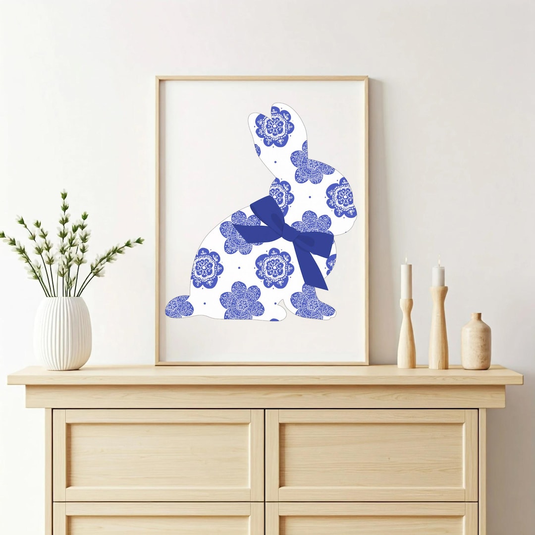 Chinoiserie Rabbit Wall Art, Blue and White Bunny Print, Croquette ...