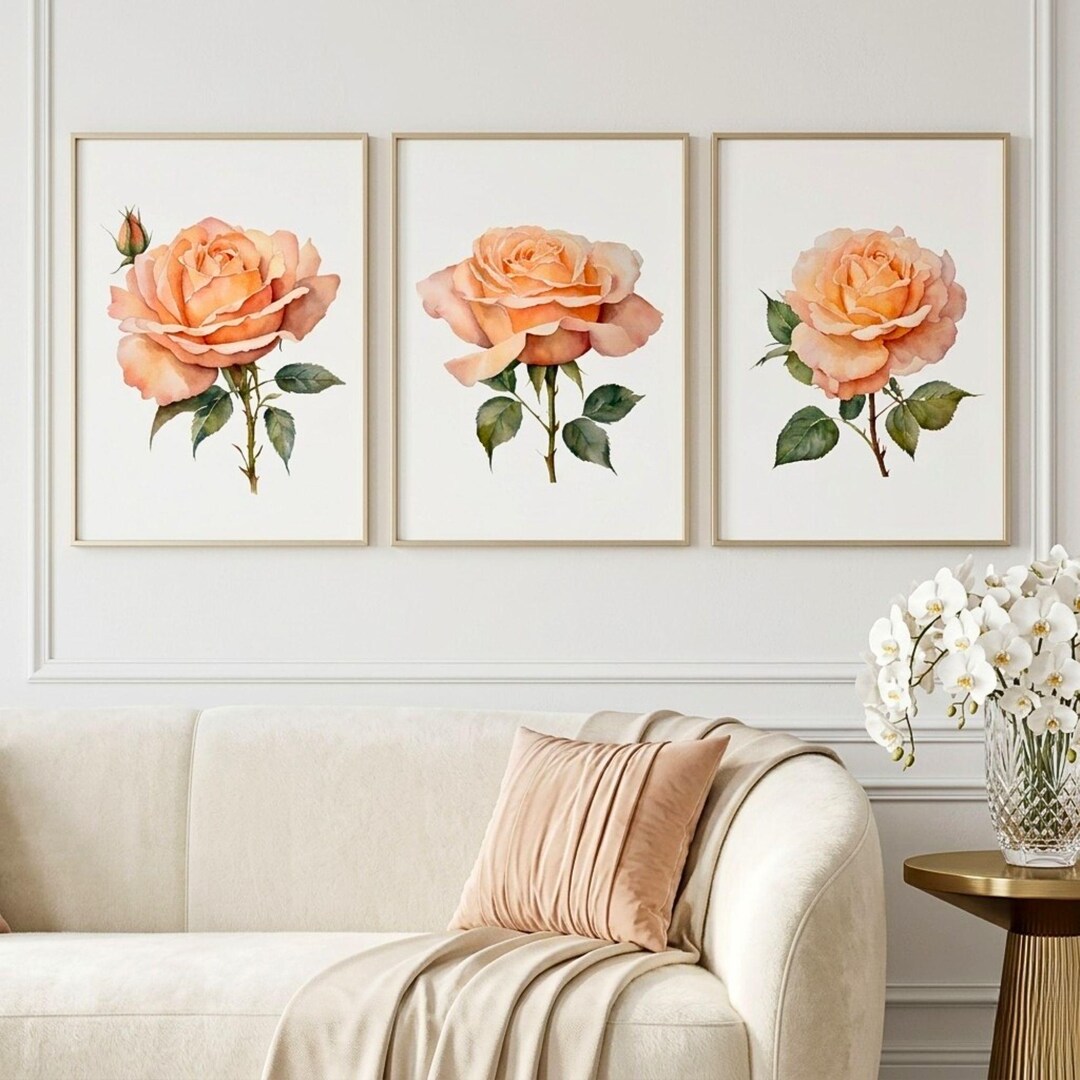 Peach Rose Watercolor Print Set: Cottagecore Floral Wall Art (digital ...