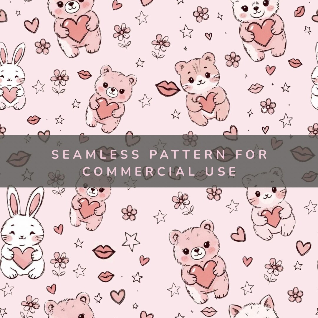 Seamless Pattern : Pink Kawaii Animal Valentine Bear Bunny (digital ...