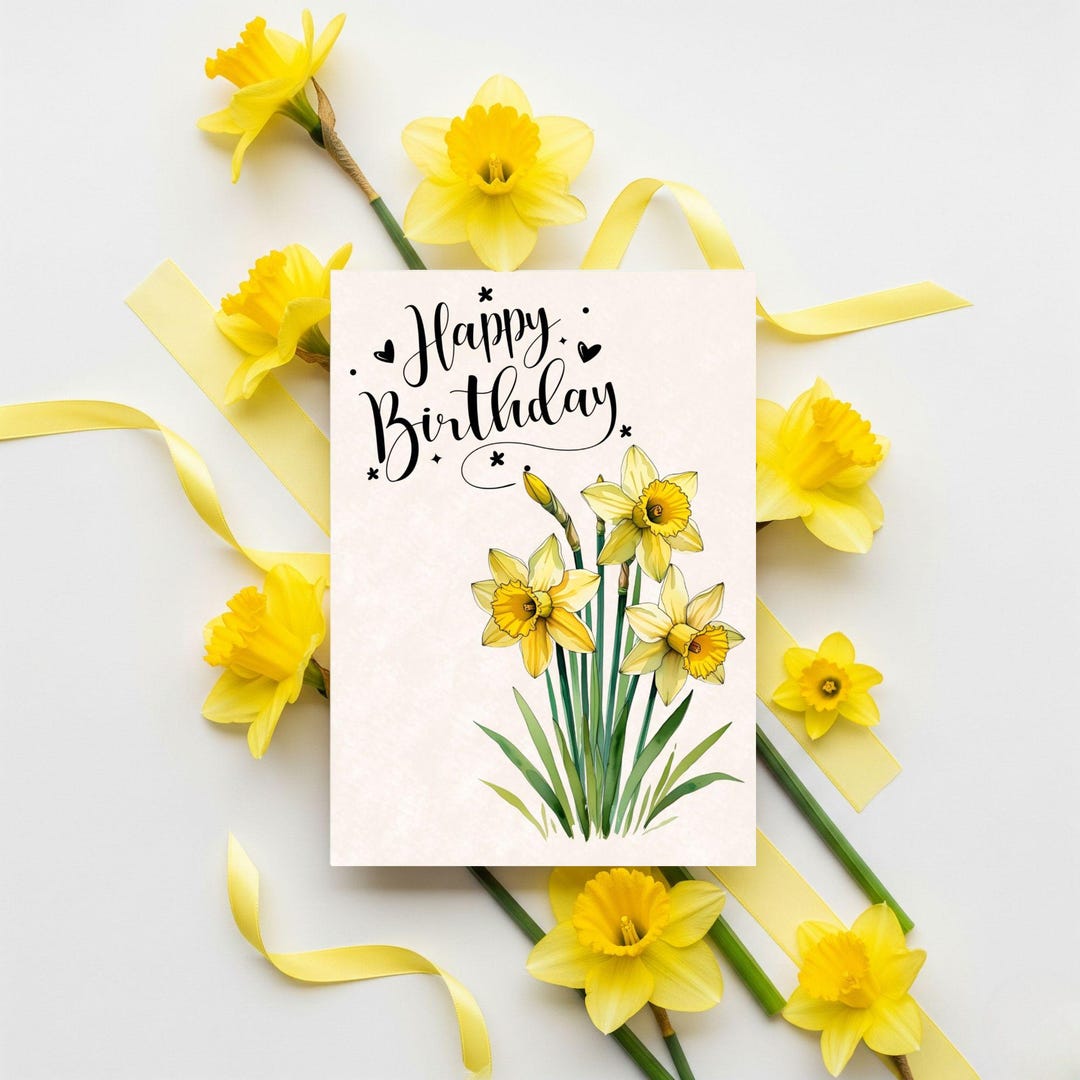 Printable March Birthday Card With Daffodil Flower Bouquet Design ...