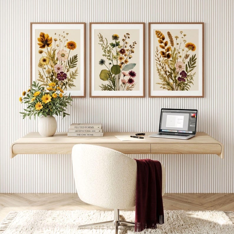 Wildflower Prints Set of 3: Vintage Boho Botanical Wall Art (digital ...