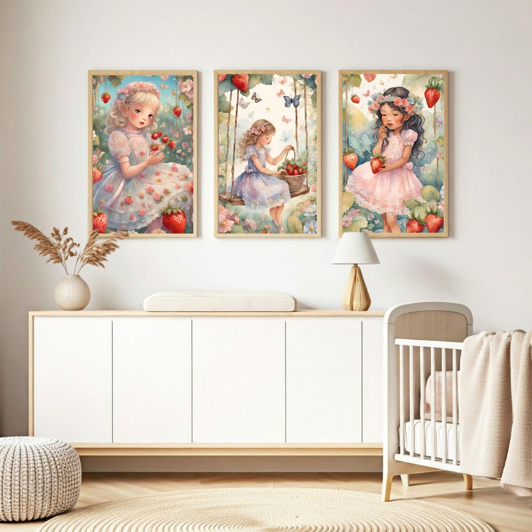 Fairy Wall Art Set of 3, Cutecore Digital Prints, Strawberry Themed ...