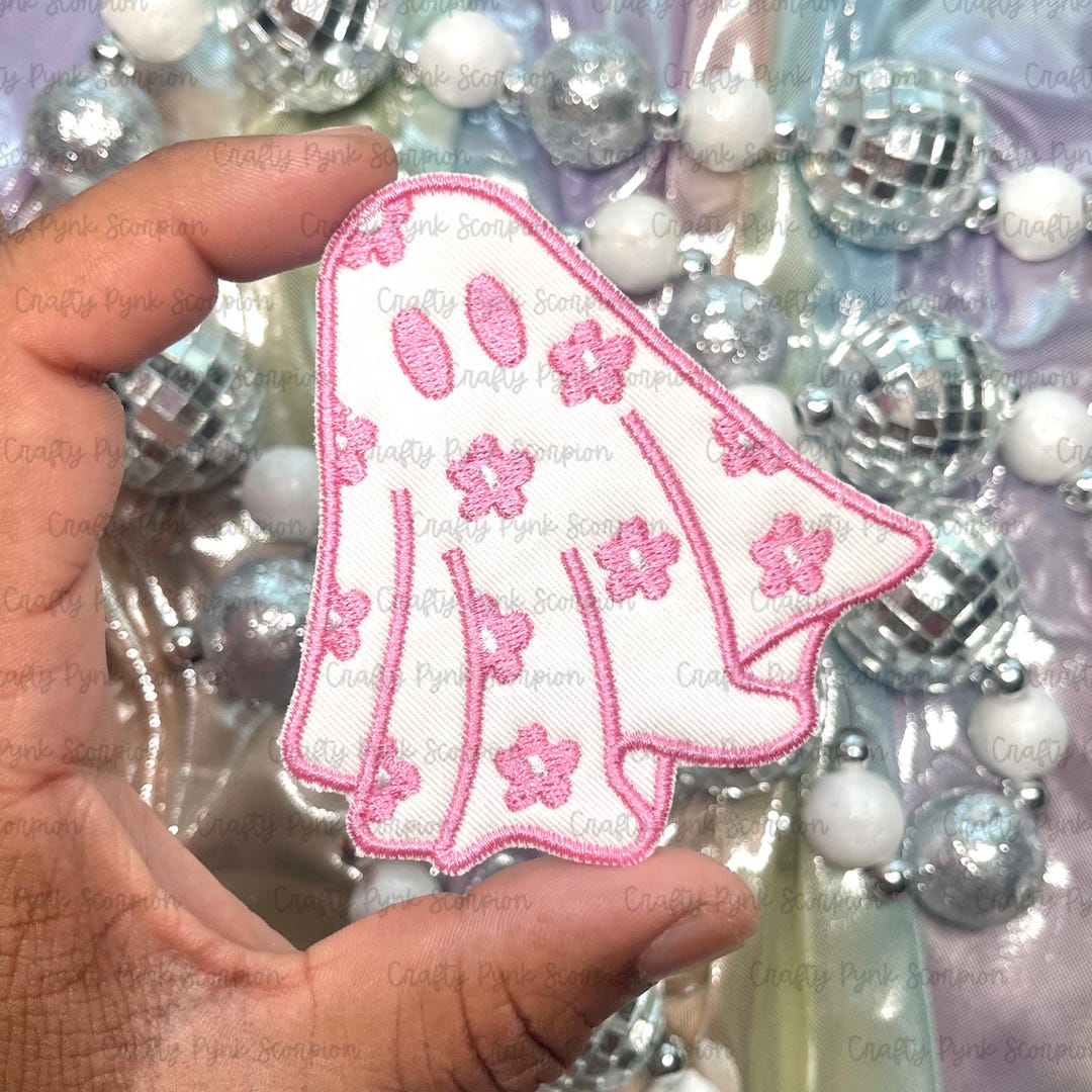 Pink and White Floral Ghost Iron on Patch for Apparel Black and White Floral Ghost Patch ...