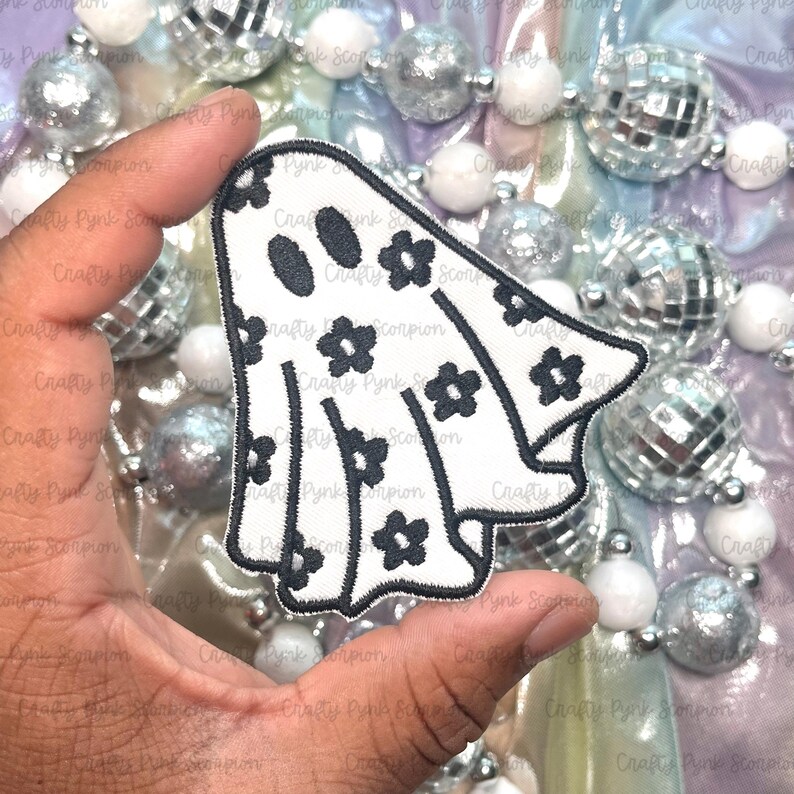 Pink and White Floral Ghost Iron on Patch for Apparel Black and White Floral Ghost Patch ...