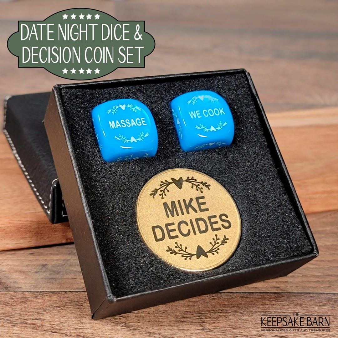 Personalized Brass Decision Coin & Date Night Dice Set - Couples Gift ...