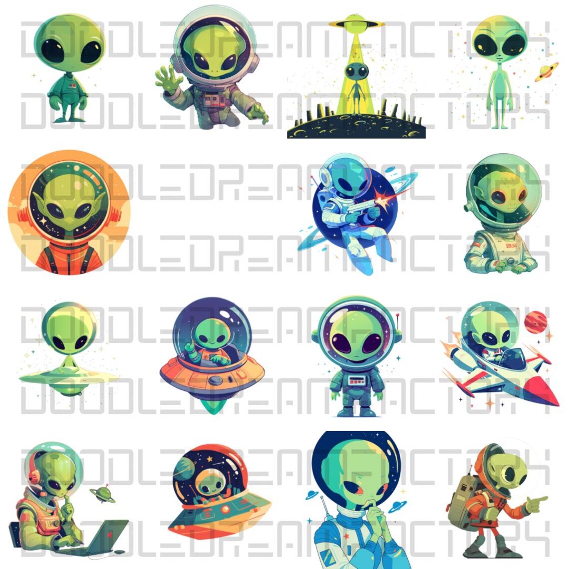 Alien Clip Art Bundle: 15 Cute Alien PNG Graphics Space-themed Digital ...