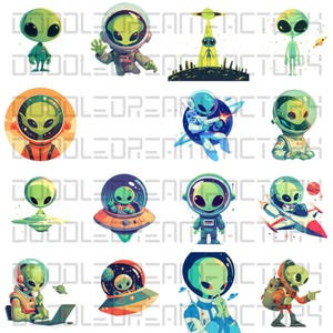 Alien Clip Art Bundle: 15 Cute Alien PNG Graphics | Space-themed ...