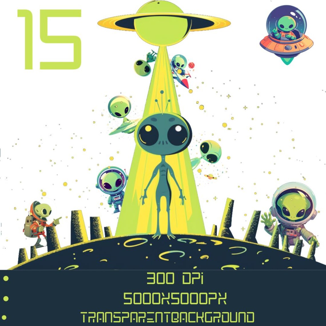 Alien Clip Art Bundle: 15 Cute Alien PNG Graphics | Space-themed ...