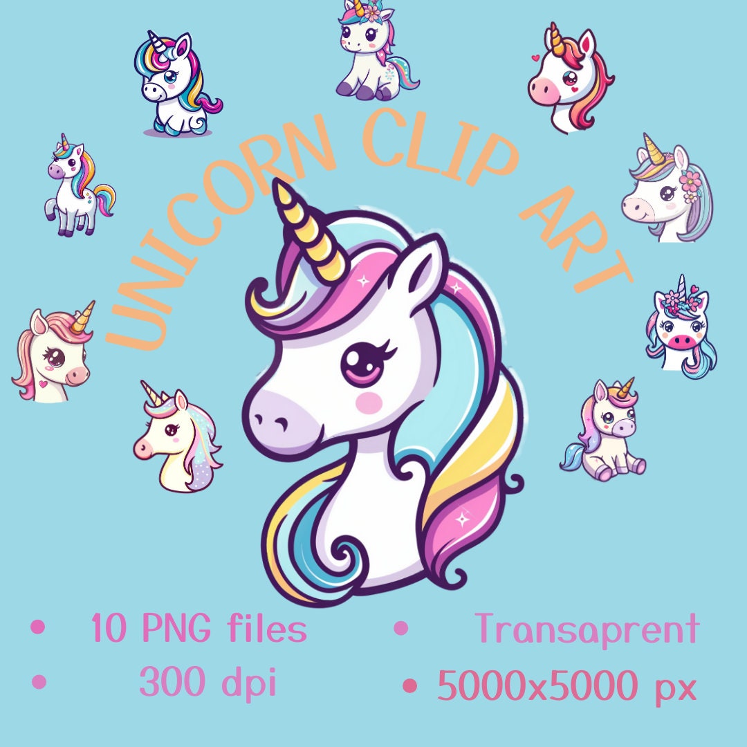 10 Adorable Unicorn Clip Art Set, Cute Unicorn PNG, Baby Unicorn Clip ...