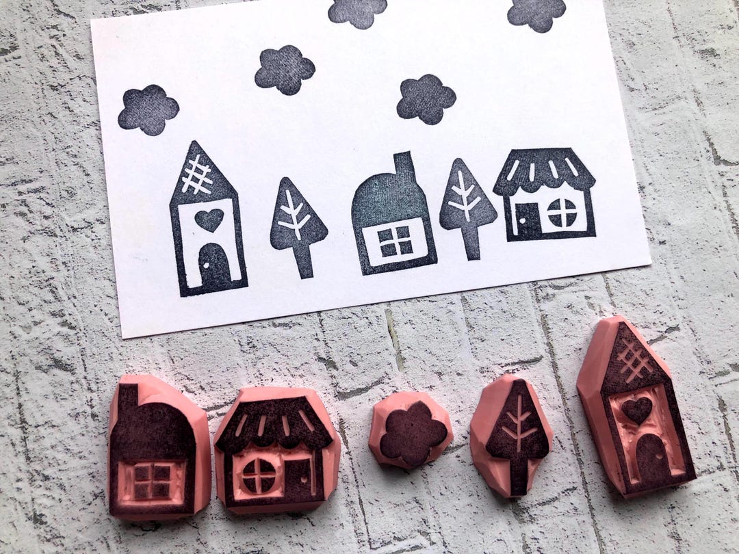 Mini House Rubber Stamps/ Tiny Homes, Clouds, Tree Rubber Stamp Set ...