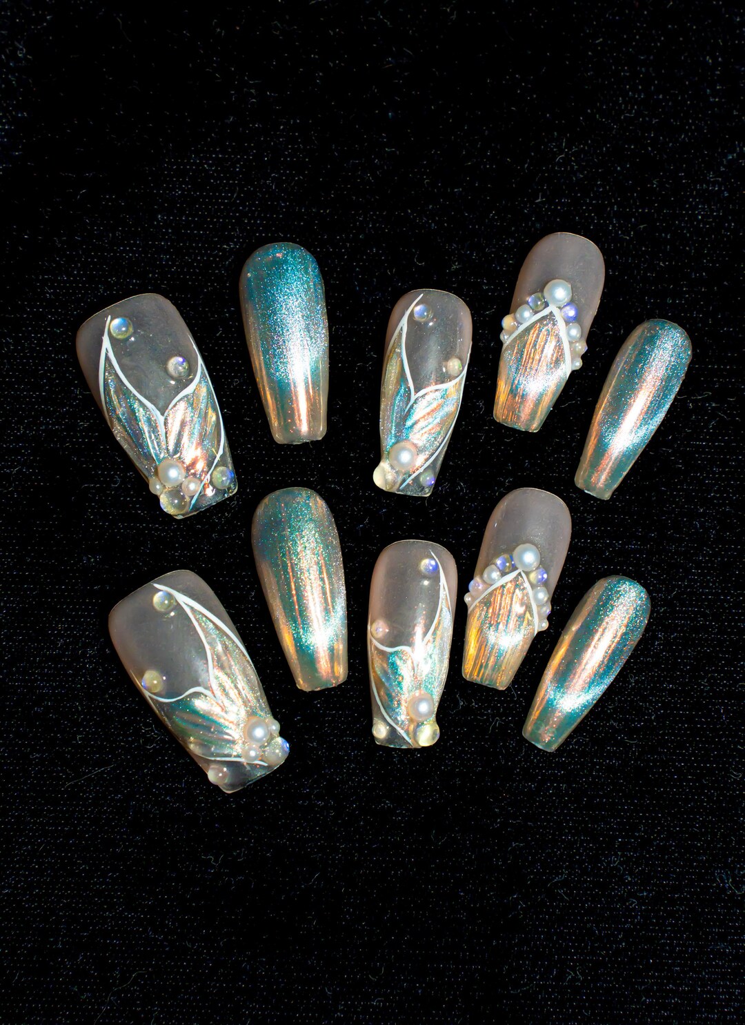 Mermaid Aura Blue Press on Nails | Shell Coffin Nails | 3D Chrome Nails ...