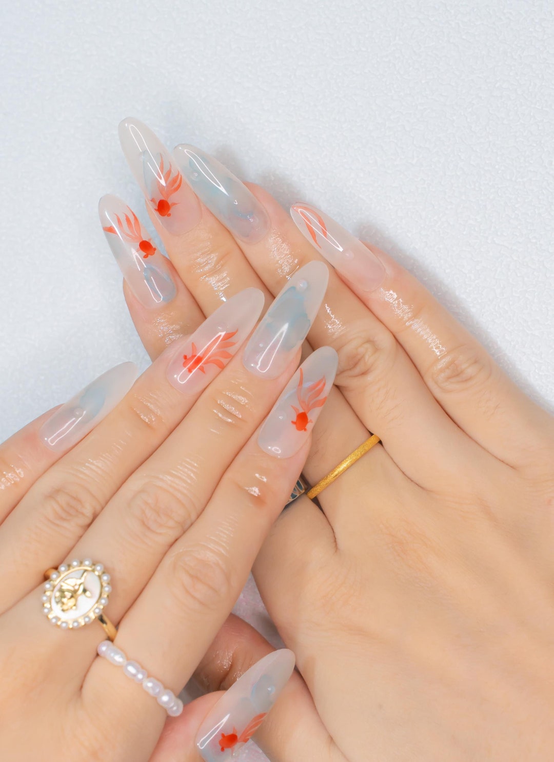 Goldfish Pond Bliss Press on Nails| Goldfish Floral Acrylic Nails ...