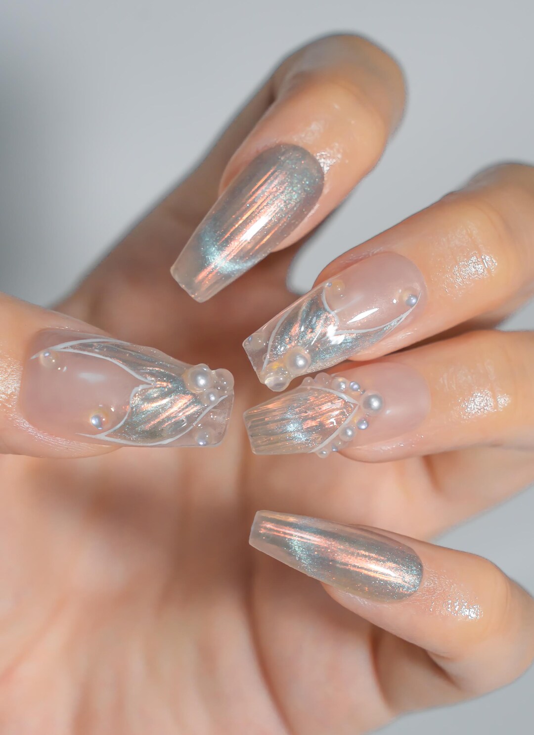 Cute 3D Gyaru Mermaid Pearl Beach Nails Aqua Aquarium Press on Nails ...