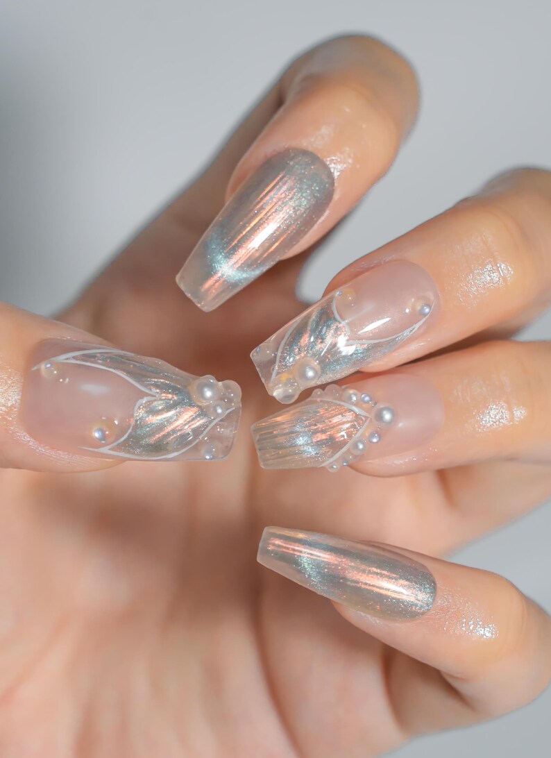 Cute 3D Gyaru Mermaid Pearl Beach Nails Aqua Aquarium Press on Nails ...