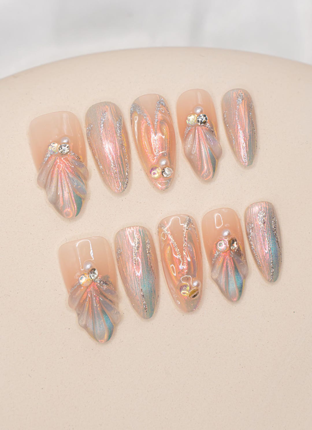 Mermaid Aura Blue Press on Nails | Shell Short Almond Nails | 3D Chrome ...
