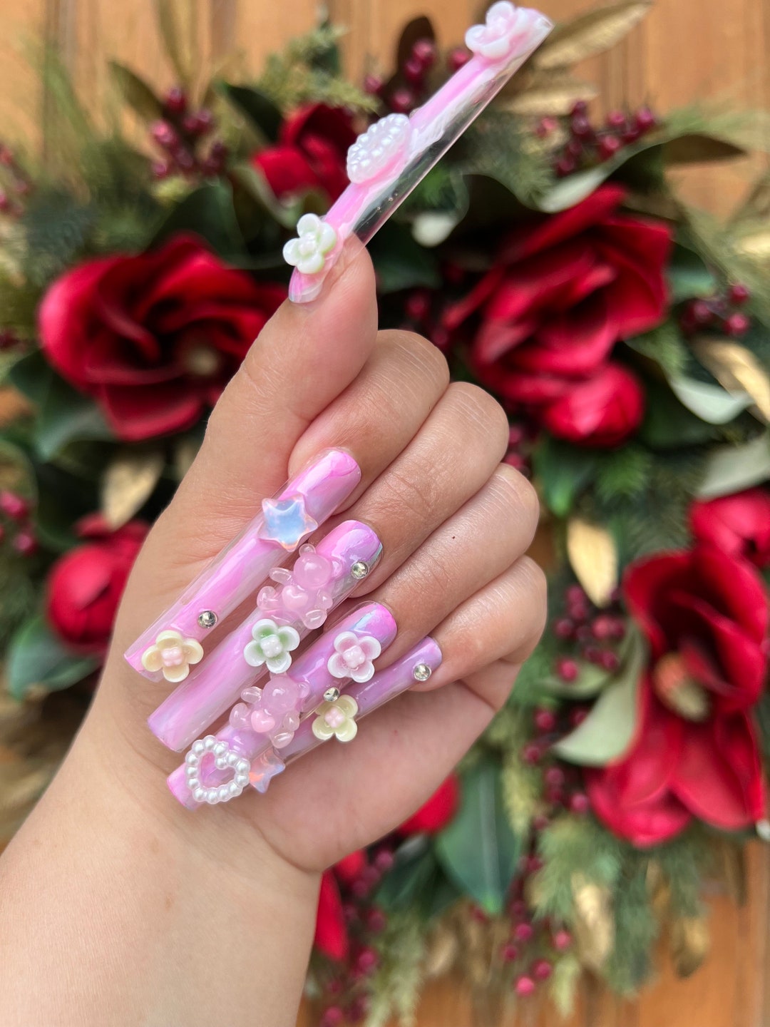 XXL Long Nails|cute Nail|pink Nails|flower Nails|charms Nails|gyaru ...