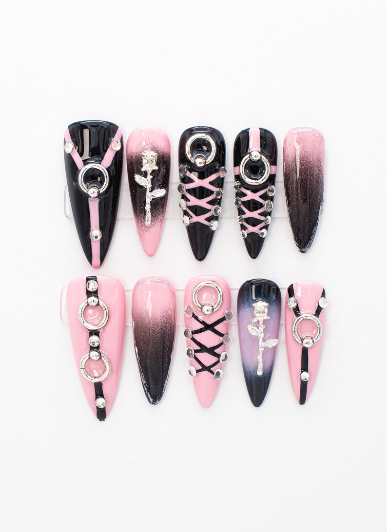 Pink Gothic Ombre Gyaru Press on Nails | Spook Unique Cool Fall Nails ...