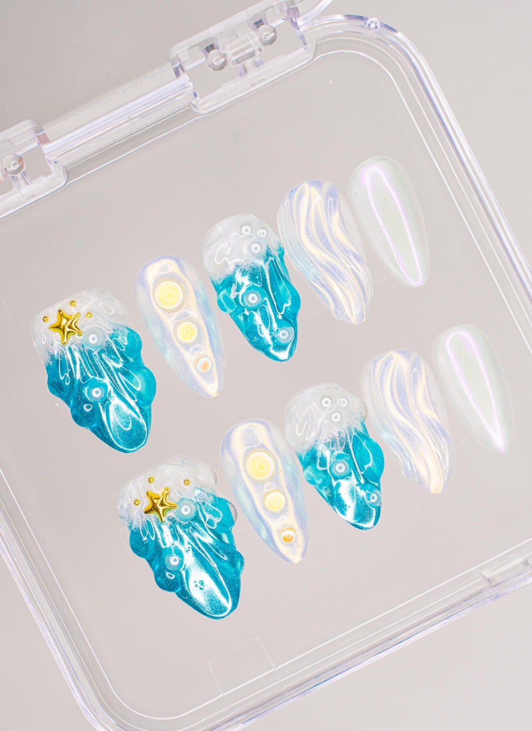 Mermaid Aura Blue Press on Nails | Shell Almond Nails | 3D Chrome Nails ...