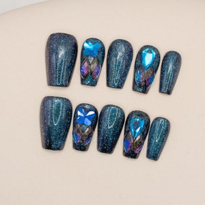 Sparkly Midnight Blue Glitter Press on Nails | 3D Blue Crystal Median ...