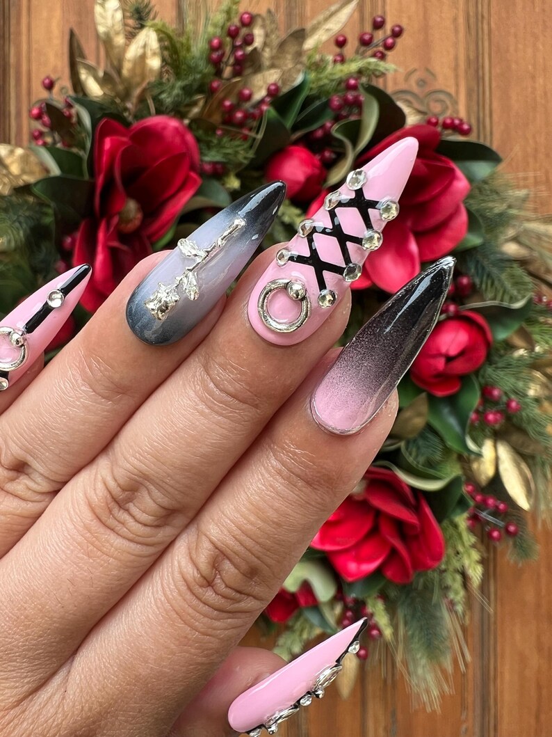 Pink Gothic Ombre Gyaru Press on Nails | Spook Unique Cool Fall Nails ...