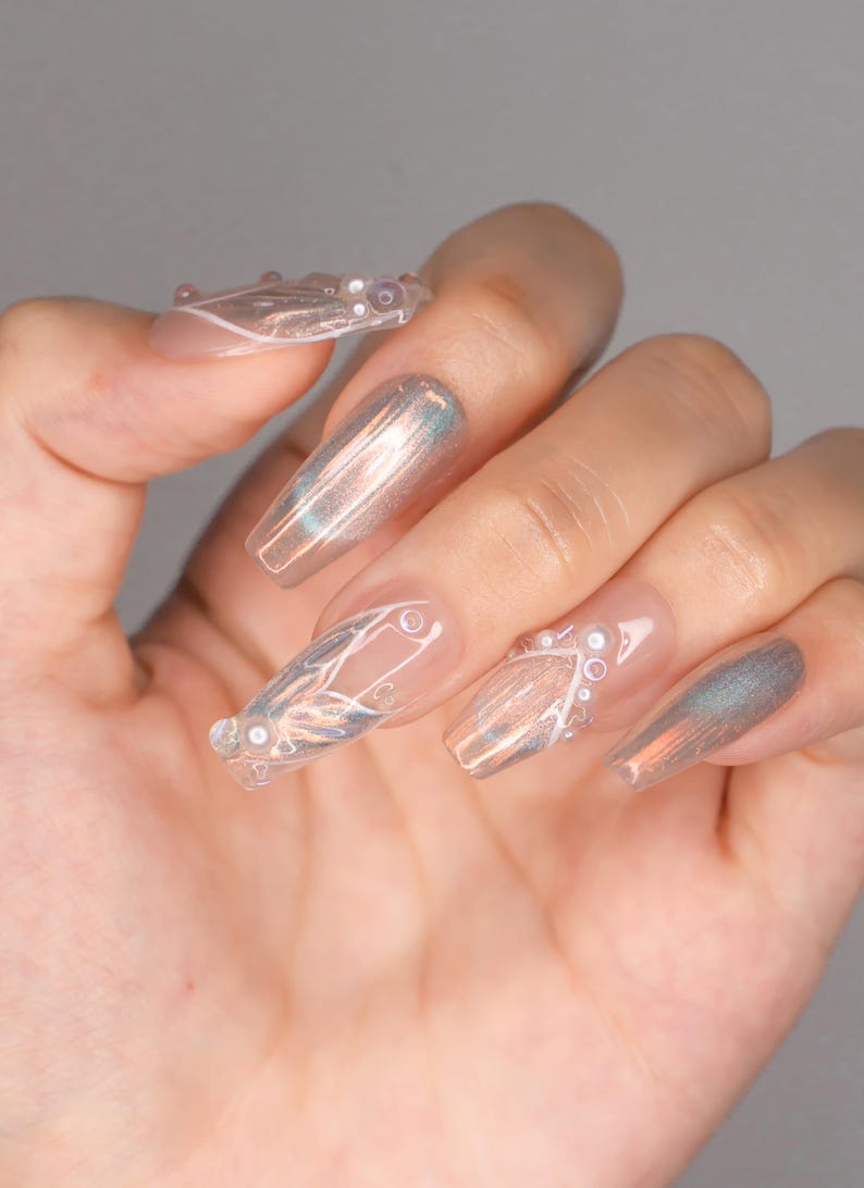 Cute 3D Gyaru Mermaid Pearl Beach Nails Aqua Aquarium Press on Nails ...