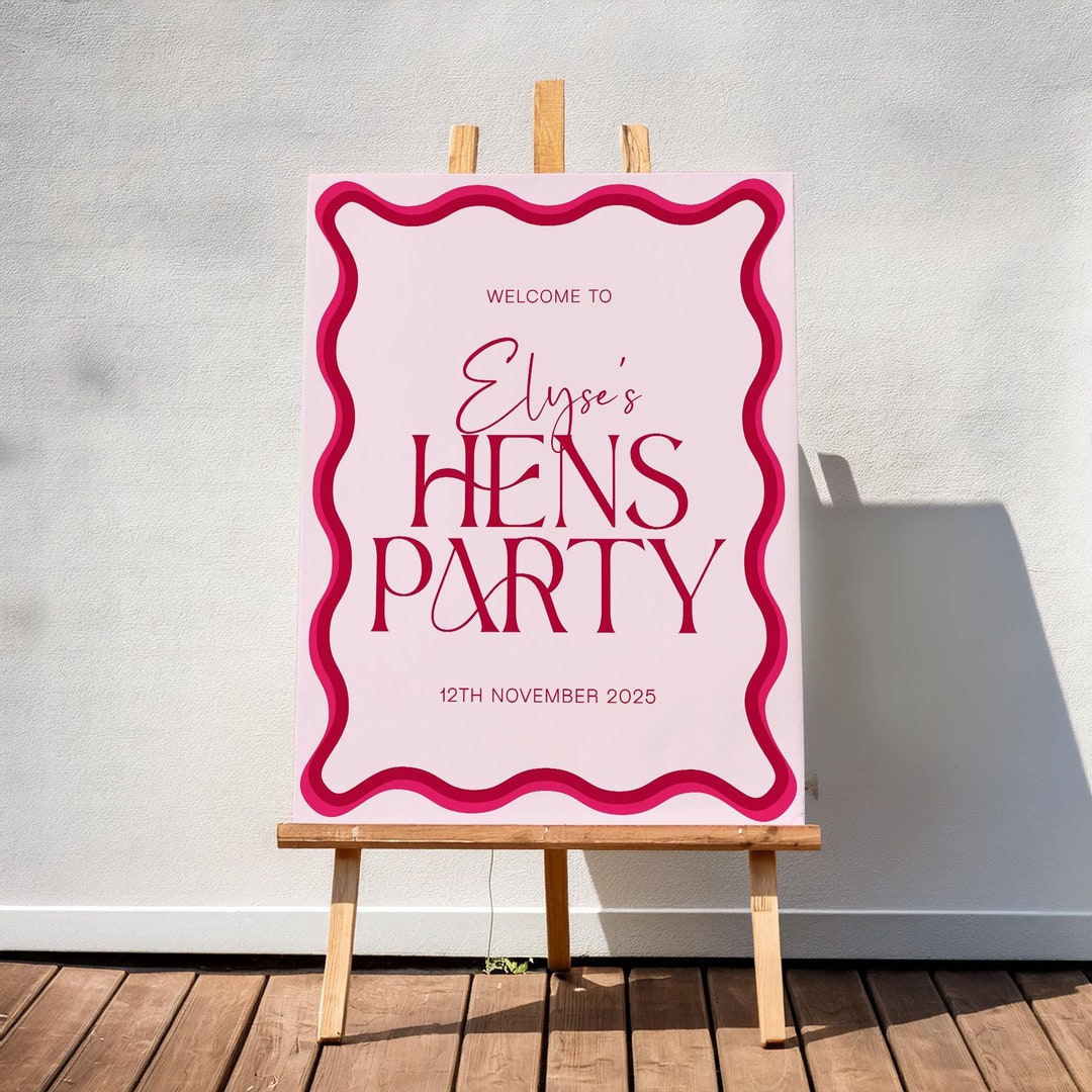 Wavy Hens Party Welcome Sign | Editable Red and Pink Design ...