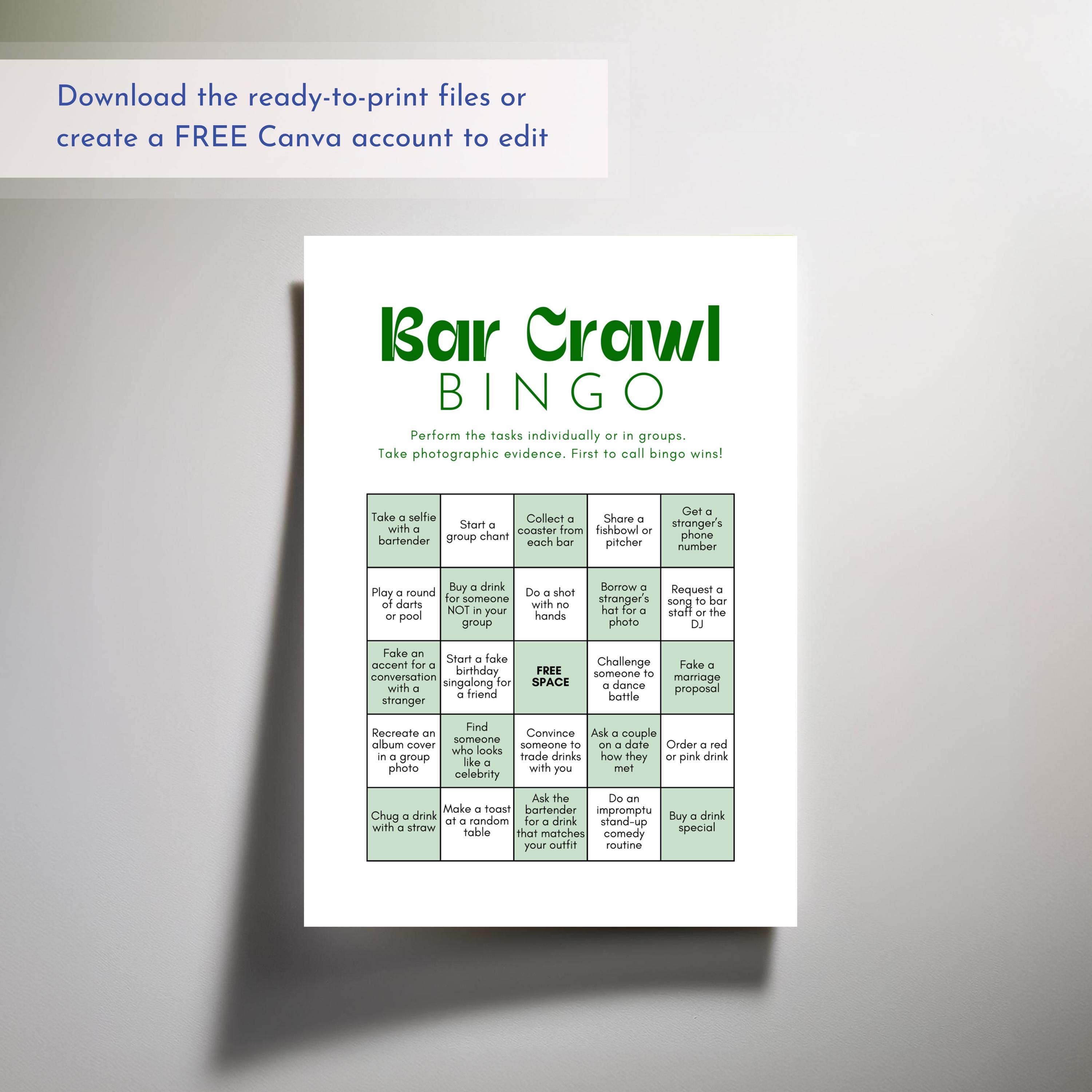 Editable Bar Crawl Bingo Card Game | Pub Adult Drinking Game ...