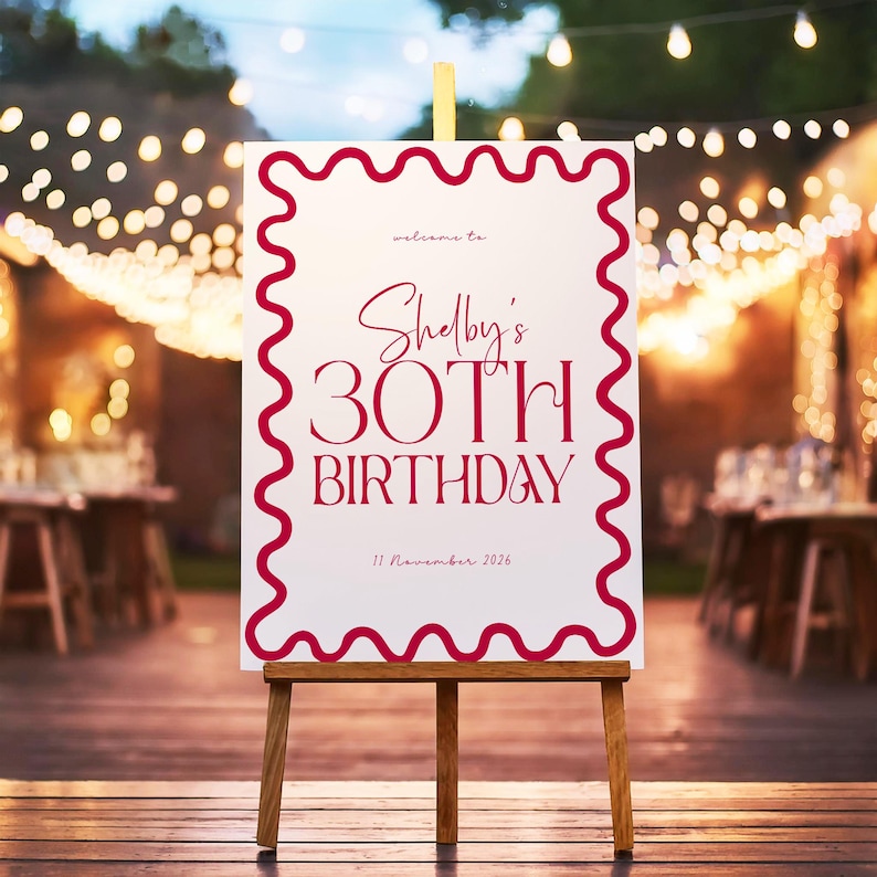 Editable 30th Birthday Party Welcome Sign | Red and White Wavy Border ...