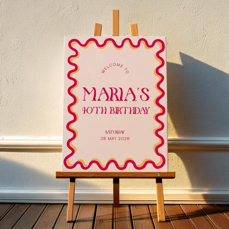 Editable 40th Birthday Party Welcome Sign | Pink and Orange Wavy Border ...