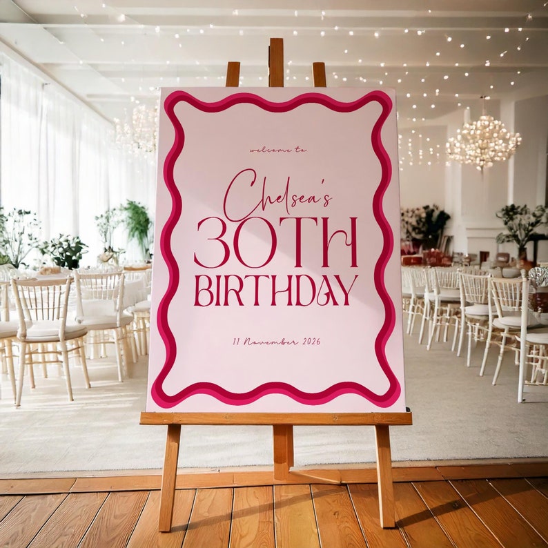 Editable 30th Birthday Party Welcome Sign | Pink and Red Wavy Border ...