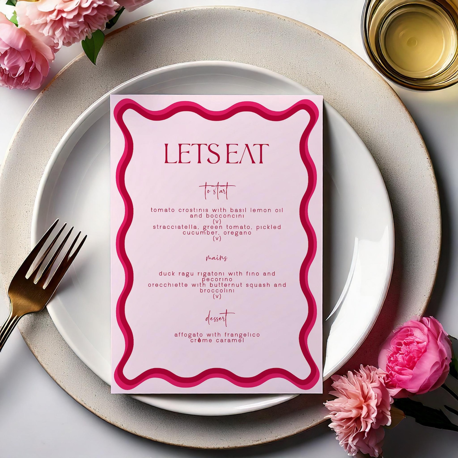 Pink Wavy Menu for Bridal Showers, Hens Parties & Bachelorettes ...