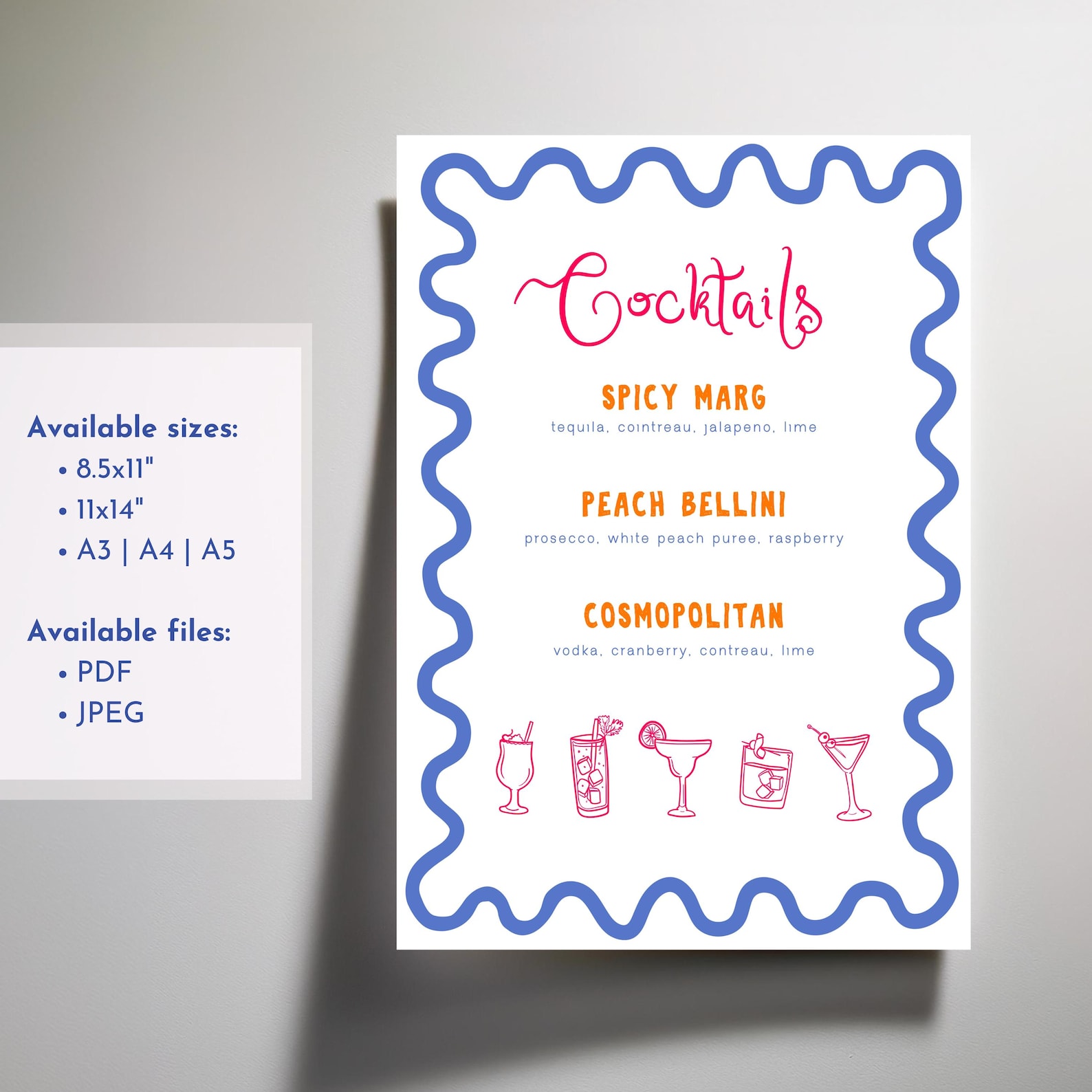 Editable Cocktail Bar Menu Sign | Digital Template | Colourful Quirky ...