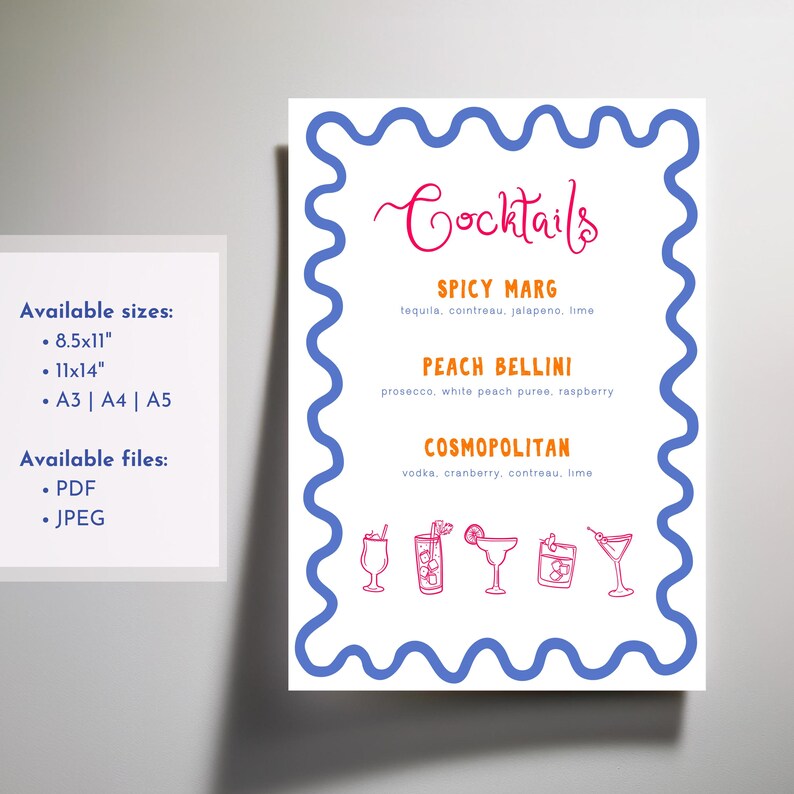 Editable Cocktail Bar Menu Sign | Digital Template | Colourful Quirky ...
