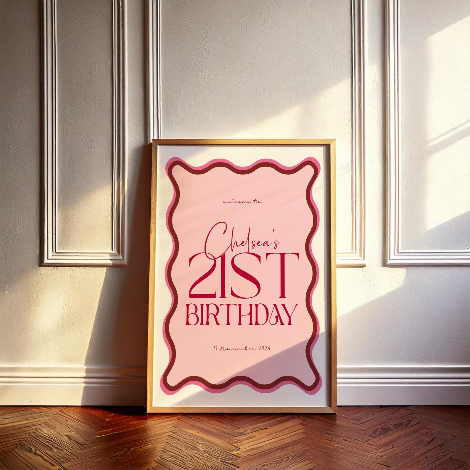 Editable 21st Birthday Party Welcome Sign | Pink and Red Wavy Border ...