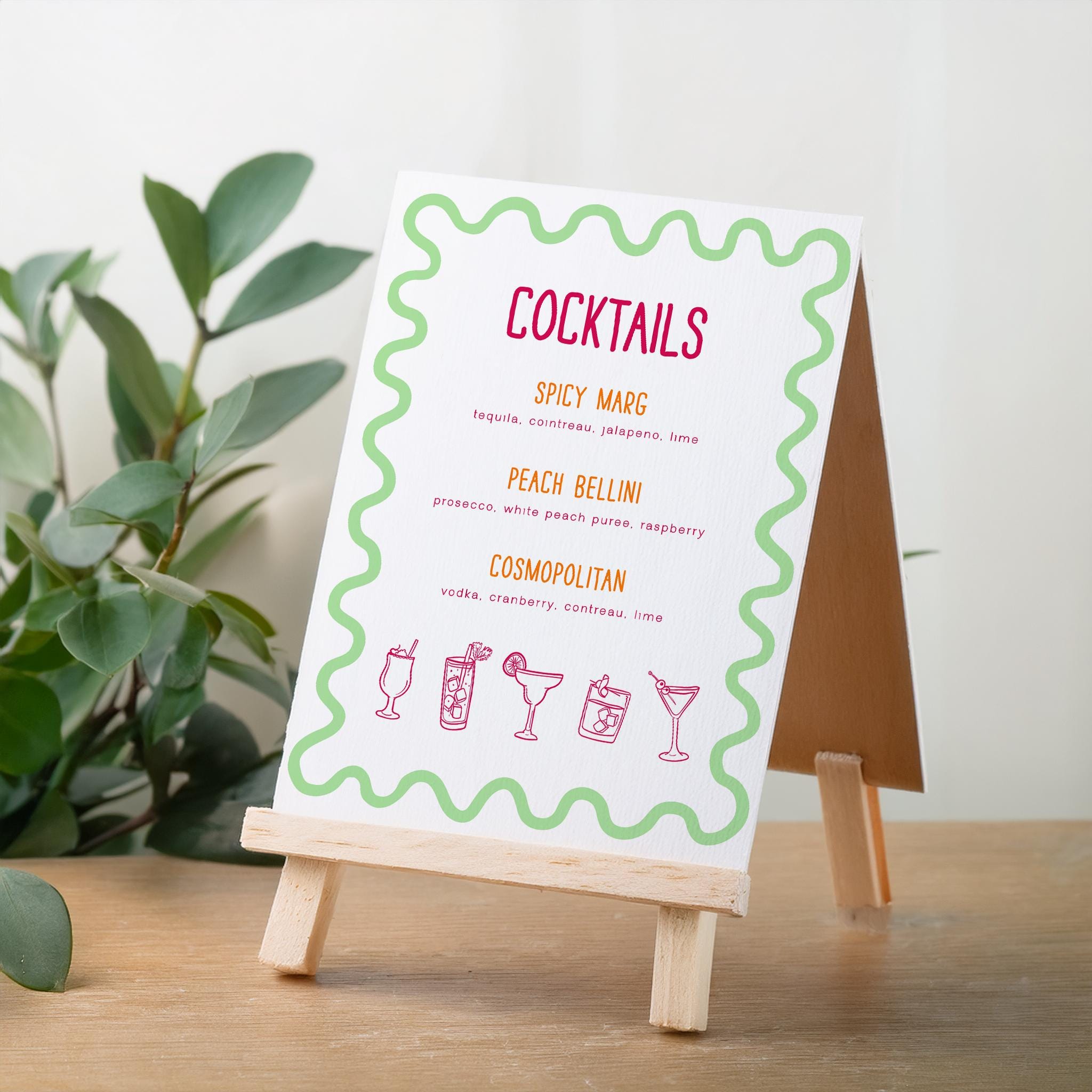 Editable Squiggle Bar Cocktail Menu | Wedding, Hens Party, Bridal ...