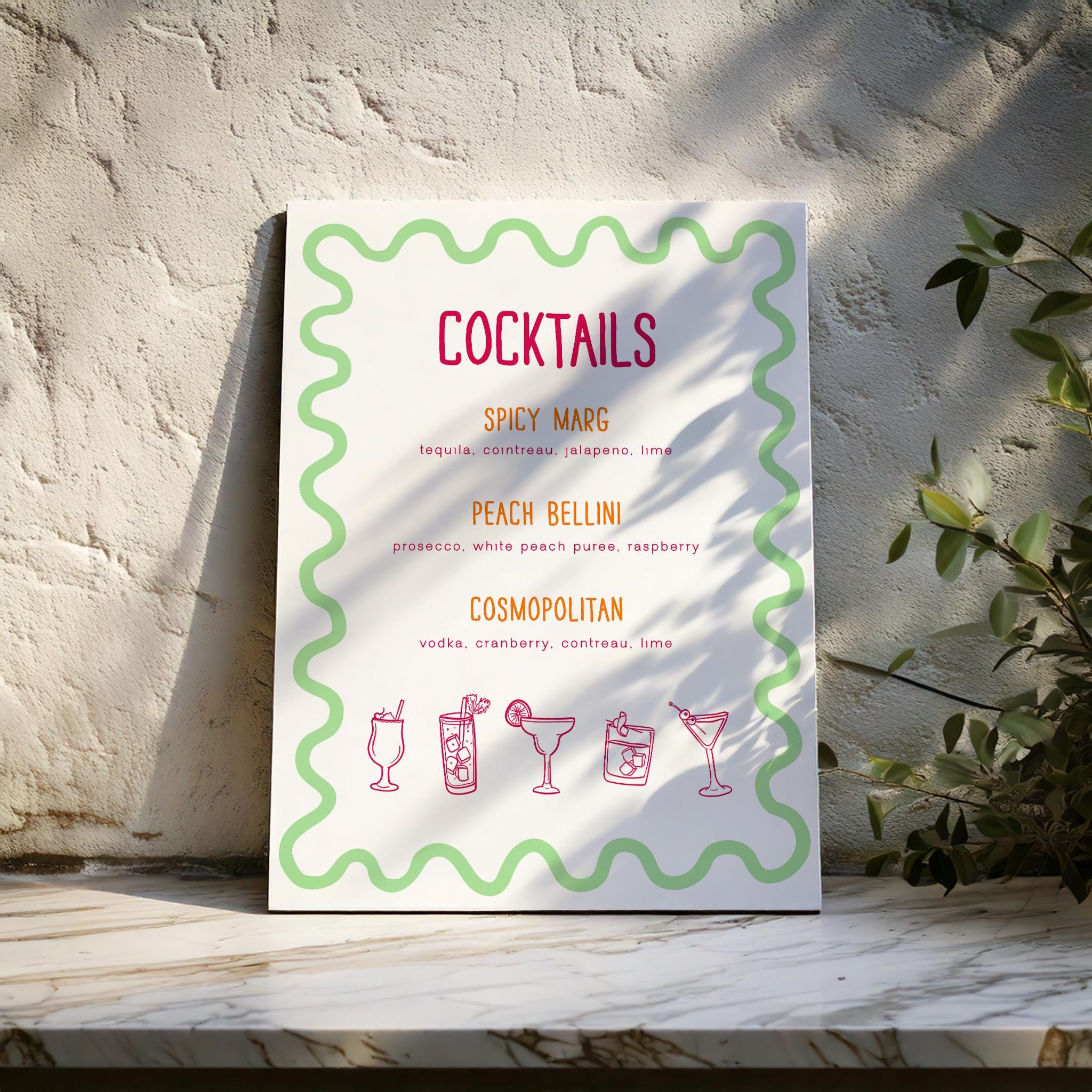 Editable Squiggle Bar Cocktail Menu | Wedding, Hens Party, Bridal ...