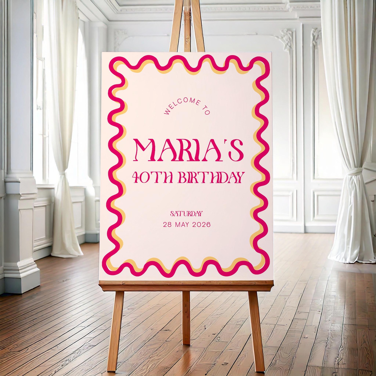 Editable 40th Birthday Party Welcome Sign | Pink and Orange Wavy Border ...