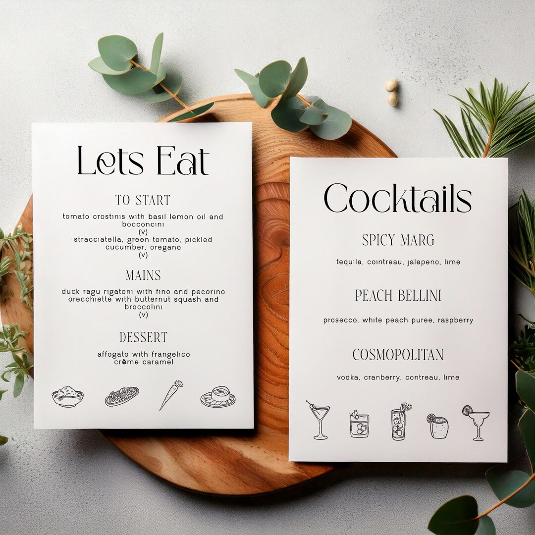 Editable Matching Menu Bundle | Cocktails and Food Menu Sign for ...
