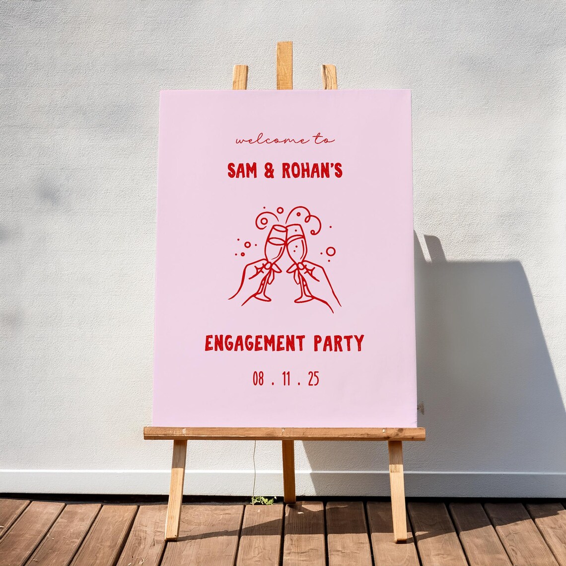Pink and Red Engagement Party Welcome Sign | Quirky Colorful Hand Drawn ...