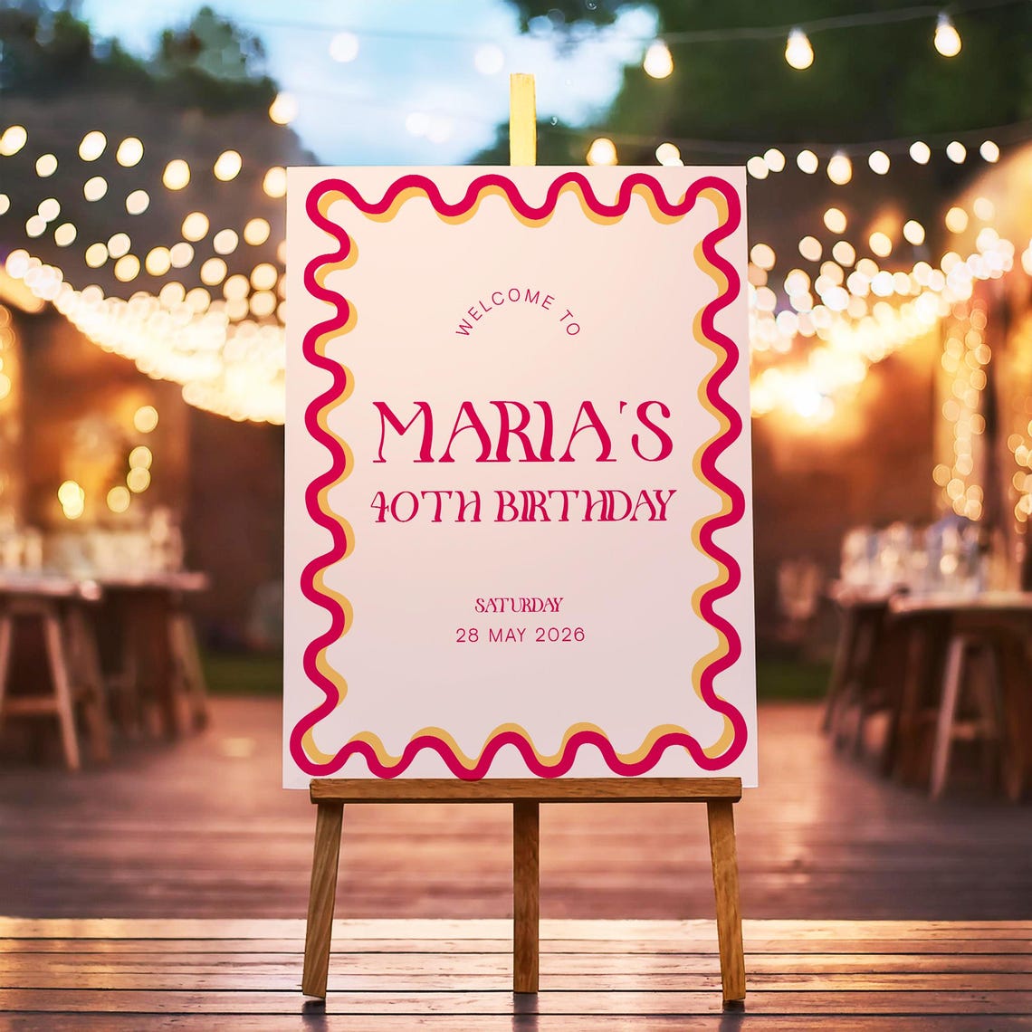 Editable 40th Birthday Party Welcome Sign | Pink and Orange Wavy Border ...