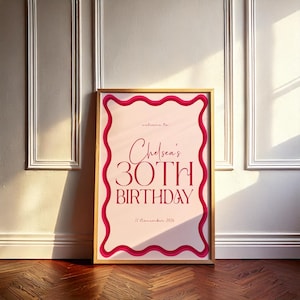 Editable 30th Birthday Party Welcome Sign | Pink and Red Wavy Border ...