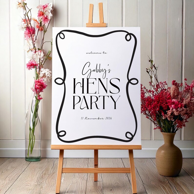 Editable Hens Party Welcome Sign: Black and White Minimalist Elegant ...